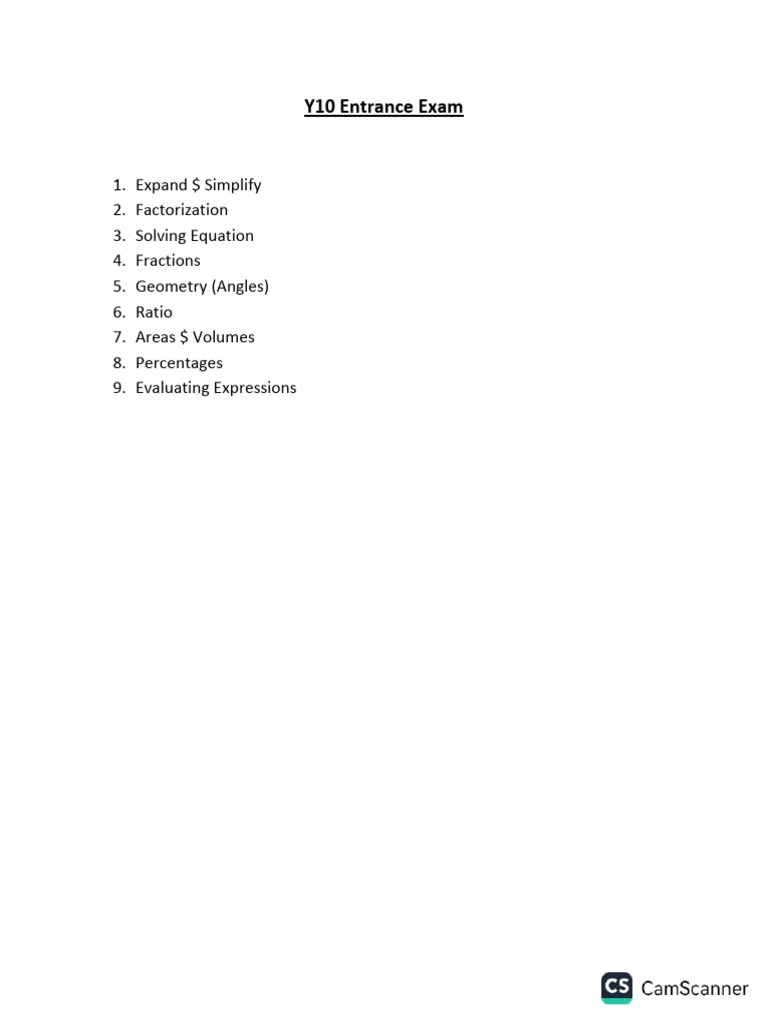 Y10 Entrance Exam Subjects To Review | PDF