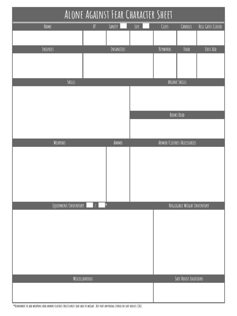 Alone Against Fear Character Sheet | PDF