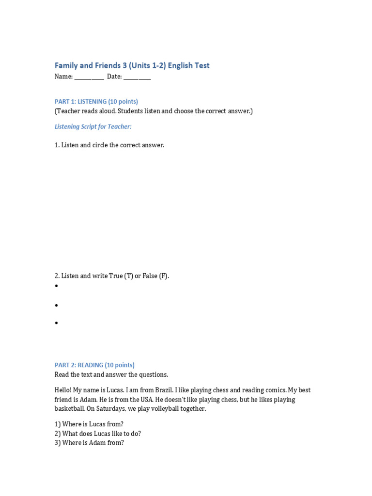 Grade3 - English - Test, Unit 1-2 (Nazar) | PDF