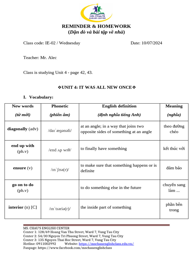 Unit 4 Vocabulary and Homework Guide | PDF