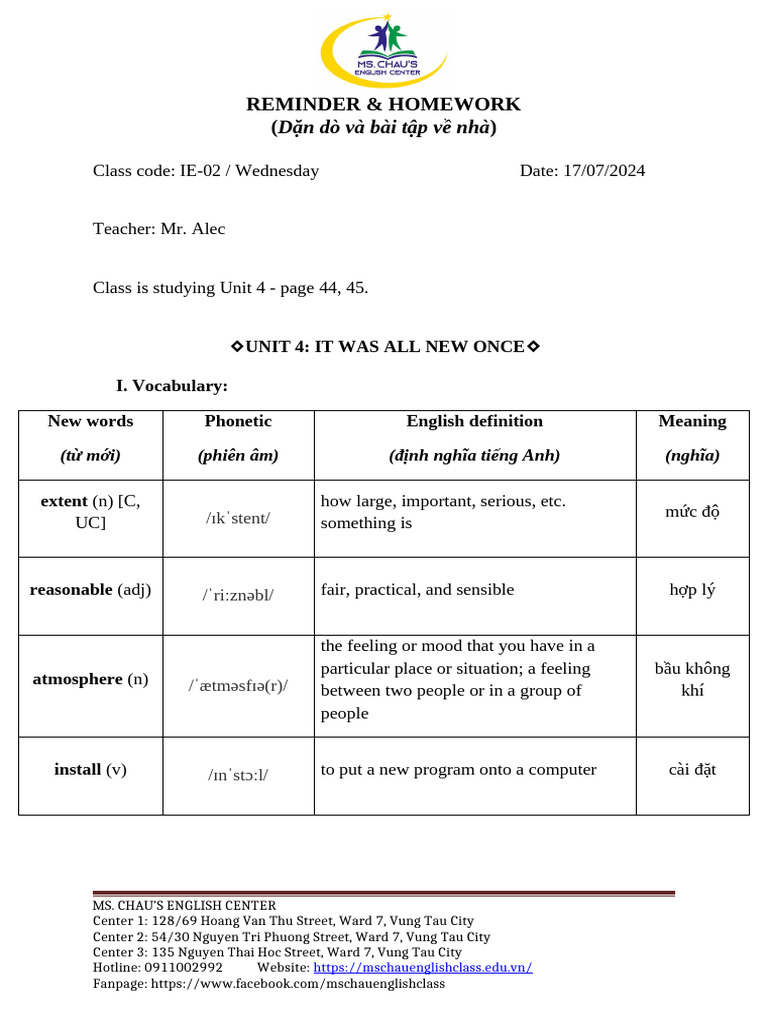 Unit 4 Vocabulary Homework Reminder | PDF