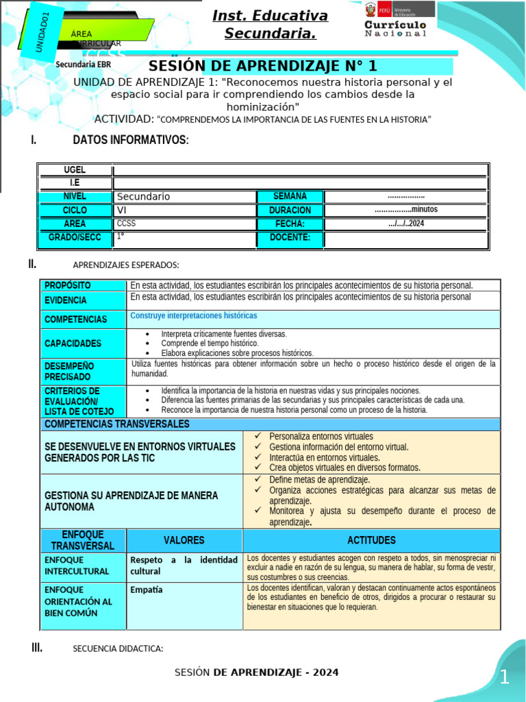 Sesion CCSS 1° Sec-Semana 01. | PDF | Maestros | Aprendizaje
