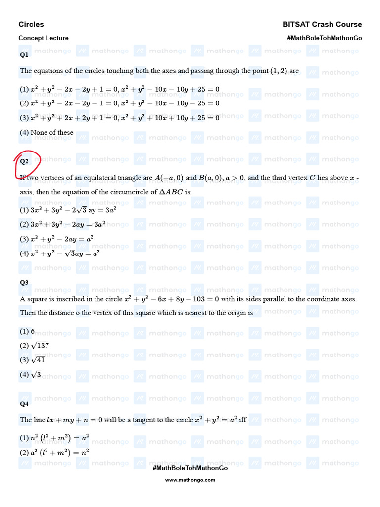 Circles Concept Lecture Bitsat Crash Course Mathongo | PDF | Circle | Elementary Geometry