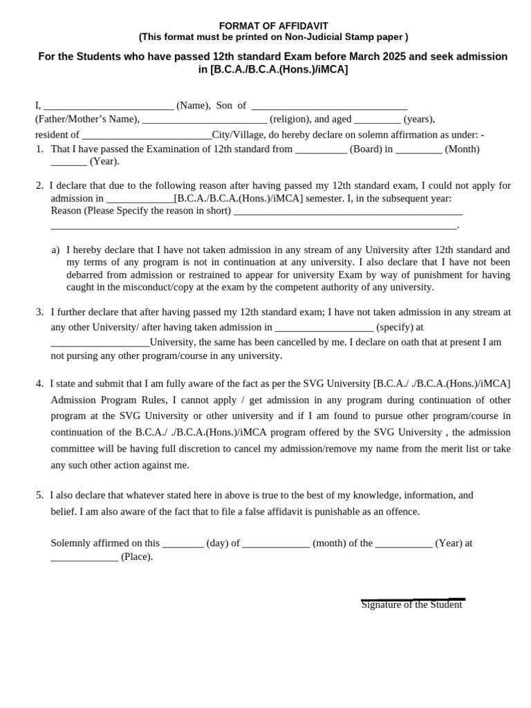 Affidavit Format for BCA Admission | PDF | Affidavit | Justice