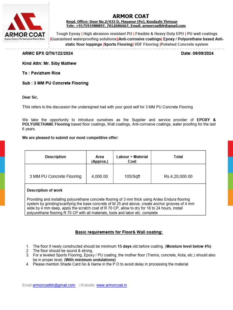 3MM PU Concrete Flooring Quotation | PDF | Materials | Building Materials