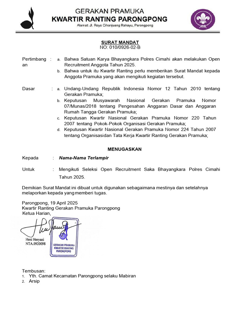 Surat Mandat Open Recruitment Pramuka 2025 | PDF