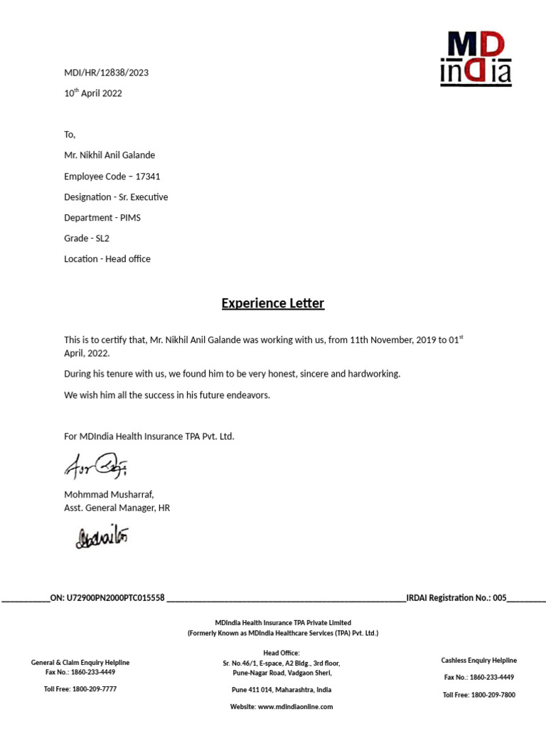 Experience Letter for Nikhil Galande | PDF