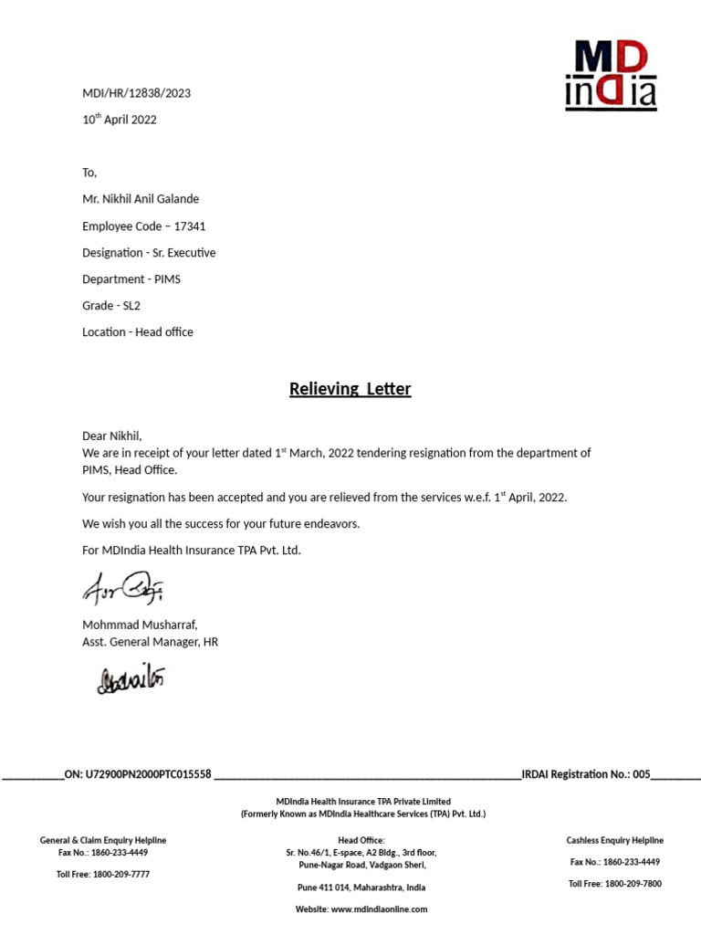 Relieving Letter | PDF