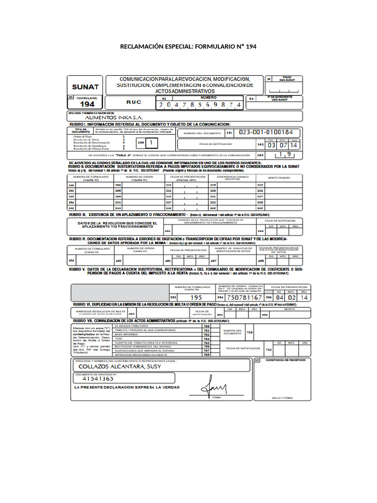Reclamación Especial Formulario 194 | PDF