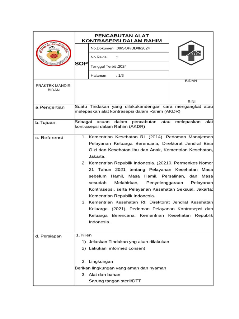 Sop Pencabutan Alat Kontrasepsi Akdr | PDF