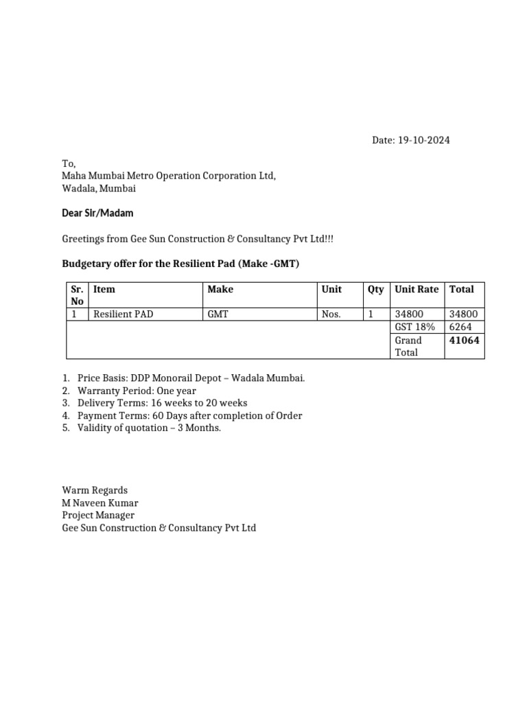 Resileant Pad Quotation | PDF