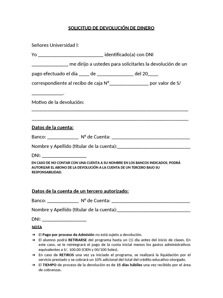 Solicitud de Devolucion de Dinero | PDF