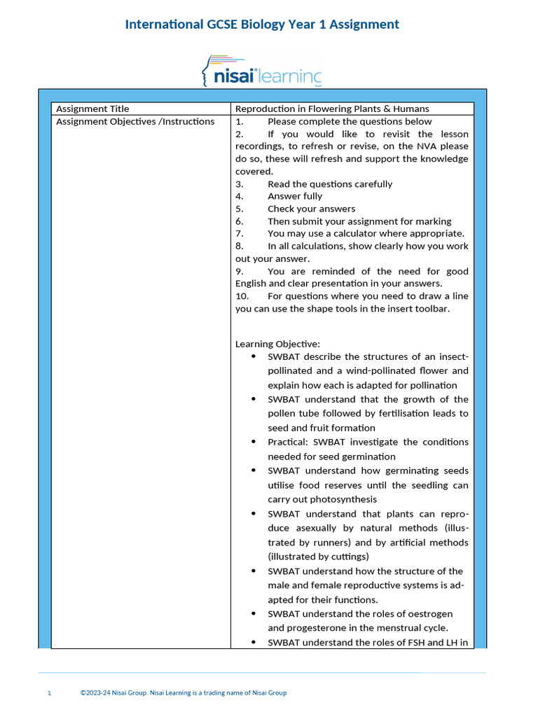 26 & 27 Reproduction in Flowering Plants & Humans Assignment | PDF ...