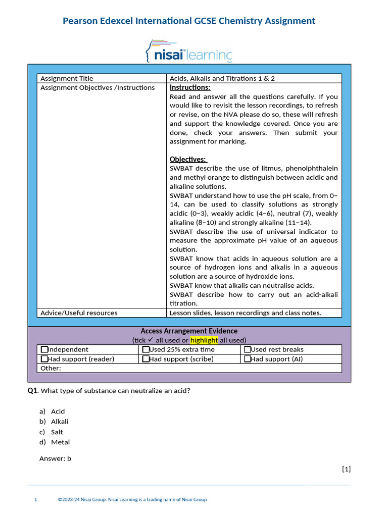 26 & 27 Acids Alkalis and Titrations 1 & 2 | PDF | Ph | Acid