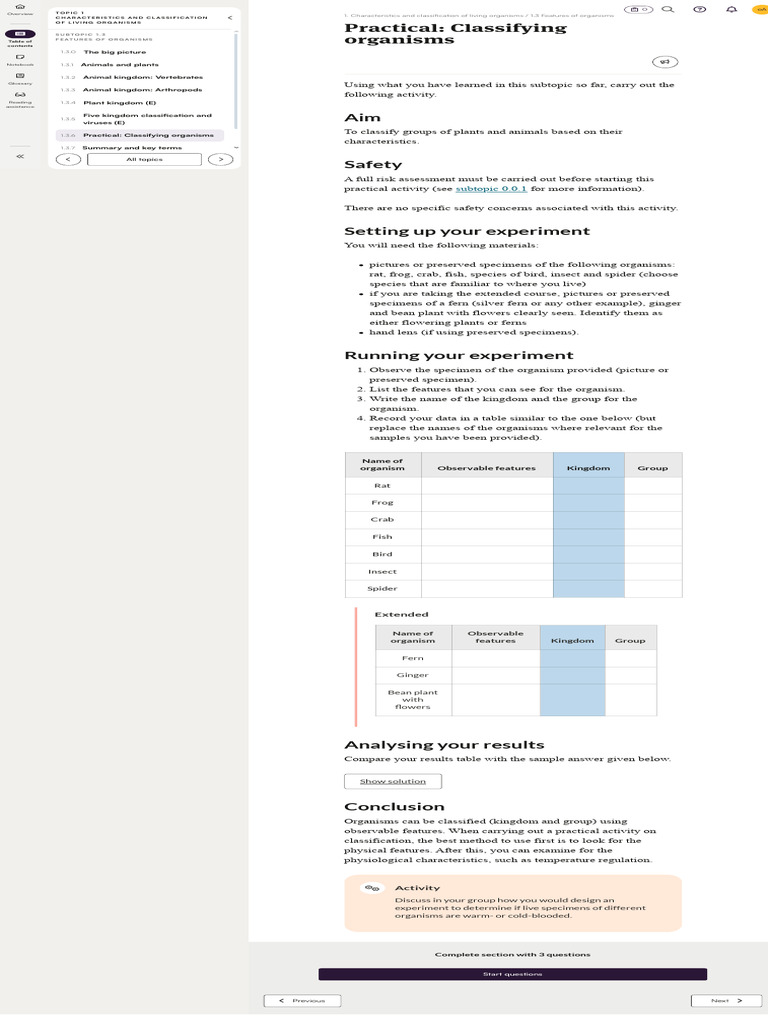 Practical - Classifying Organisms - Cambridge IGCSE™ Biology FE2023 | PDF | Biology | Zoology