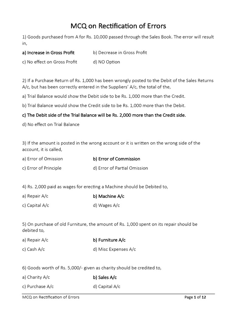 MCQ On Rectification of Erros | PDF | Debits And Credits | Bookkeeping