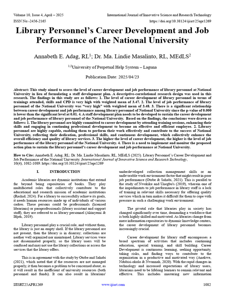 Library Personnel's Career Development and Job Performance of The National University | PDF ...