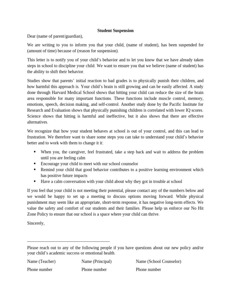 Student Suspension Parent Letter | PDF | Behavior | Self Control