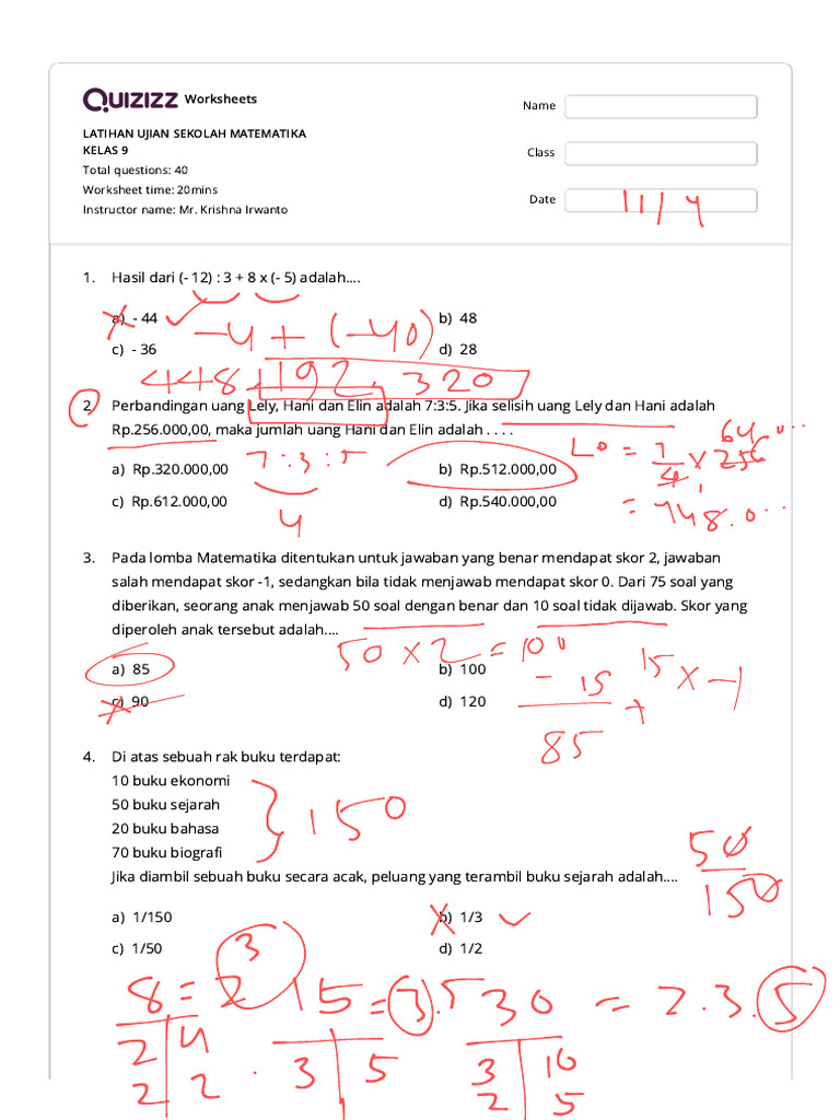LATIHAN UJIAN SEKOLAH MATEMATIKA KELAS 9 - Quizizz | PDF