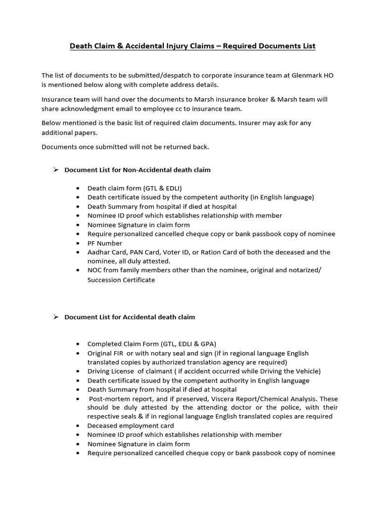 List of Documents for Death & Accidental Injury Claims | PDF