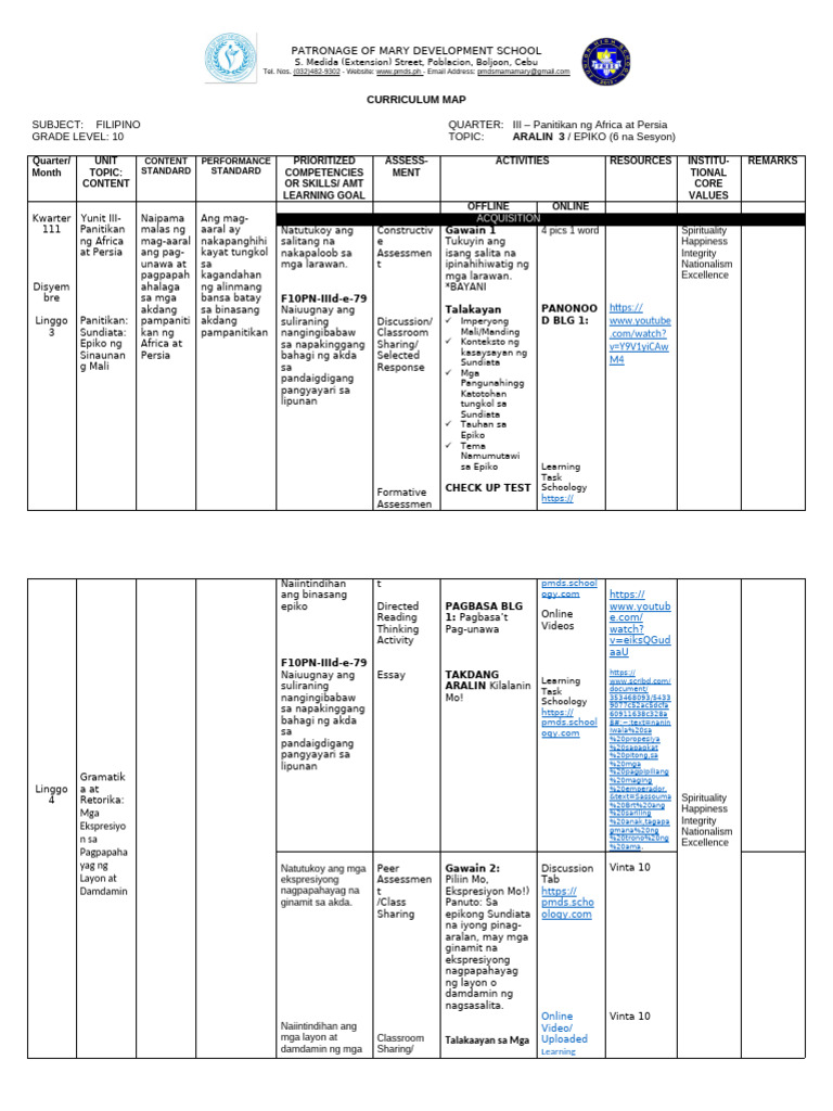 FILIPINO 10 curriculum map Q3 - A3 - EPIKO | PDF