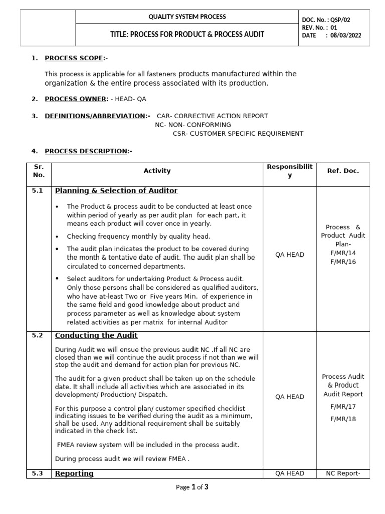(QSP-02) Process For Product & Process Audit | PDF | Audit | Auditor's ...
