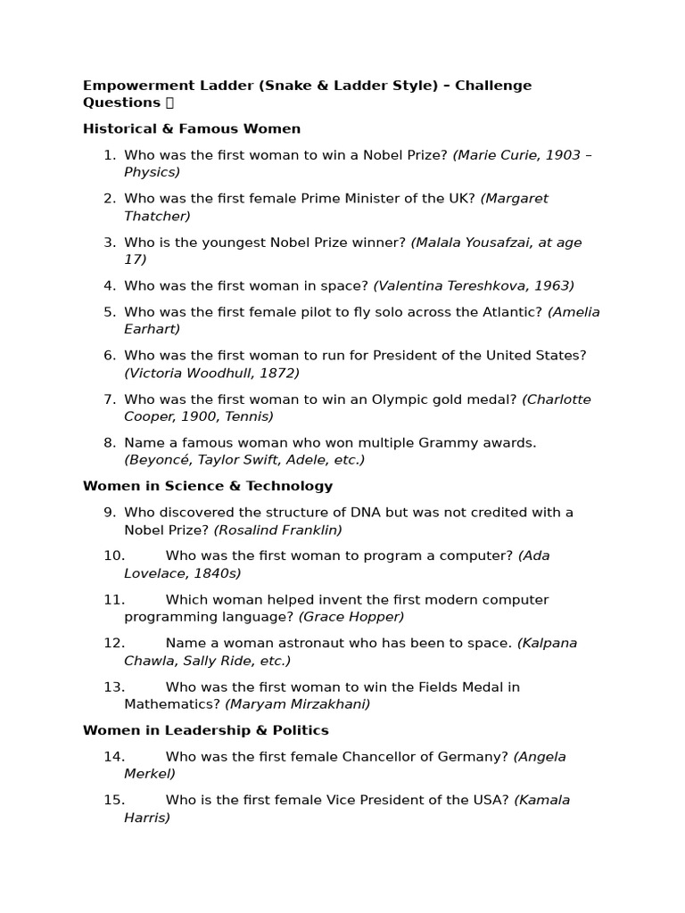 Snake and Ladder Questions | PDF | Woman