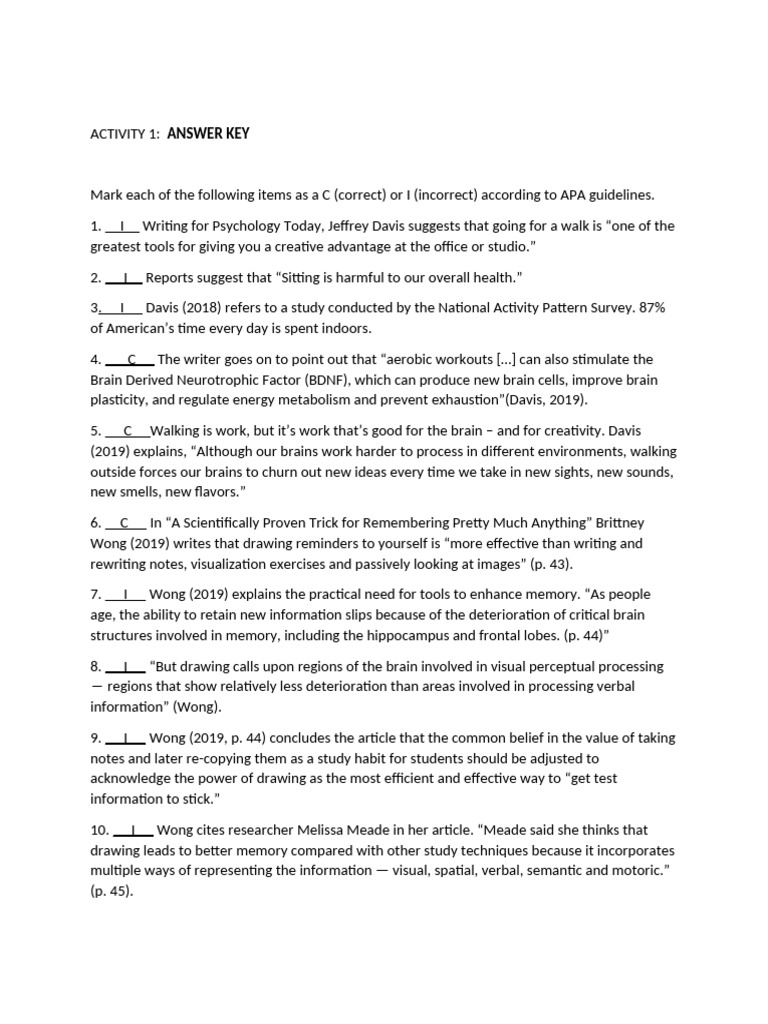 APA Guidelines Activity Answer Key | PDF