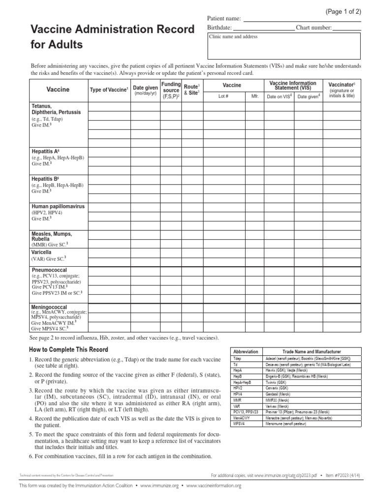 Adult Vaccine Administration Record | PDF | Vaccines | Public Health