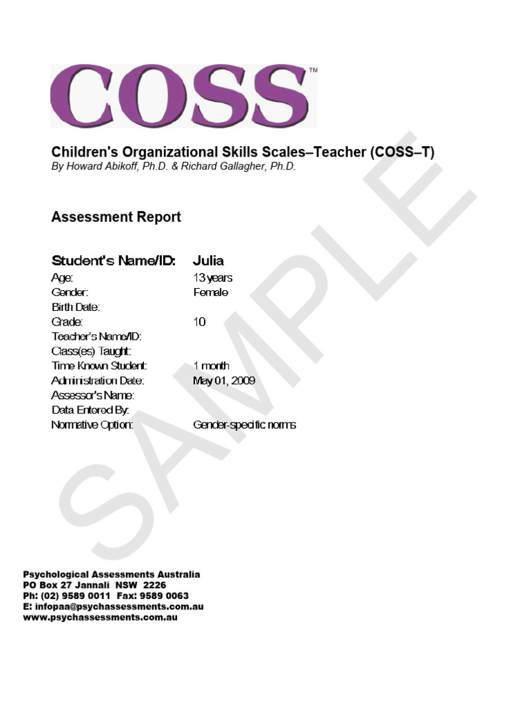 COSS Assessment Report Teacher | PDF | Standard Score | Behavioural Sciences