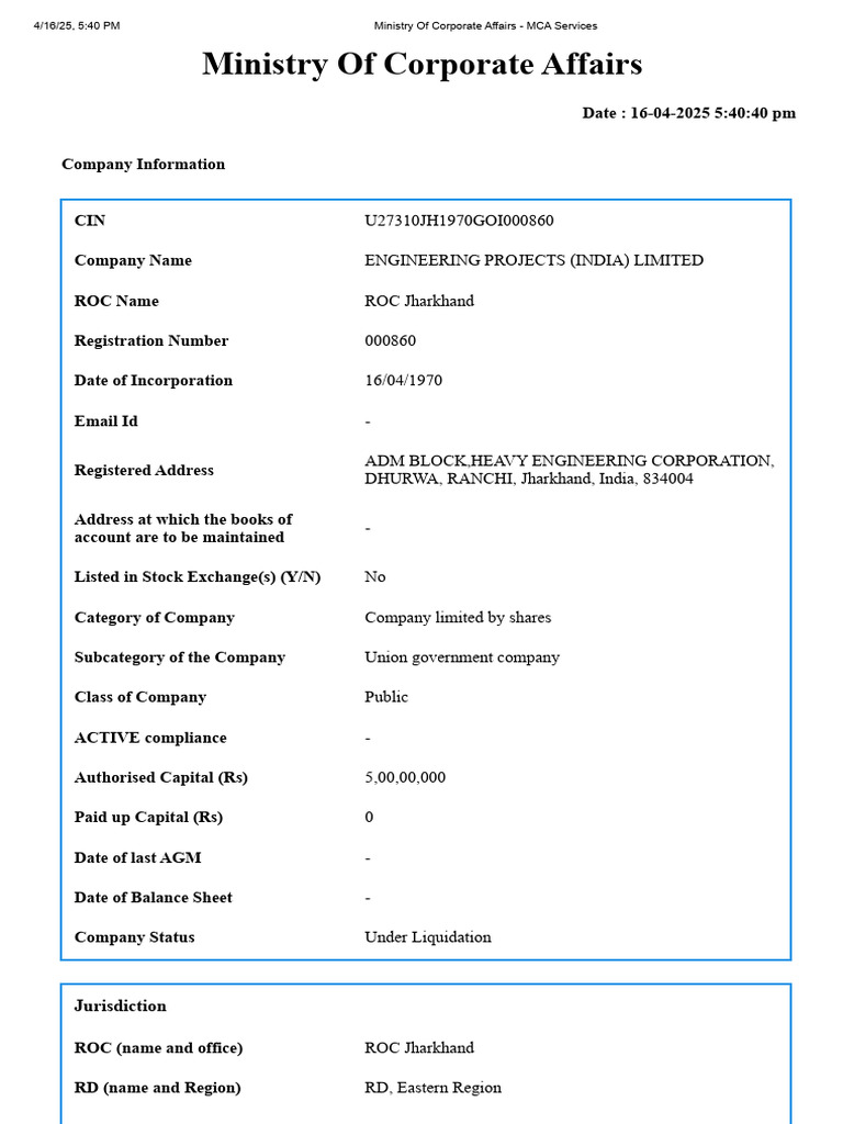 Engineering Projects (India) Ltd Status | PDF
