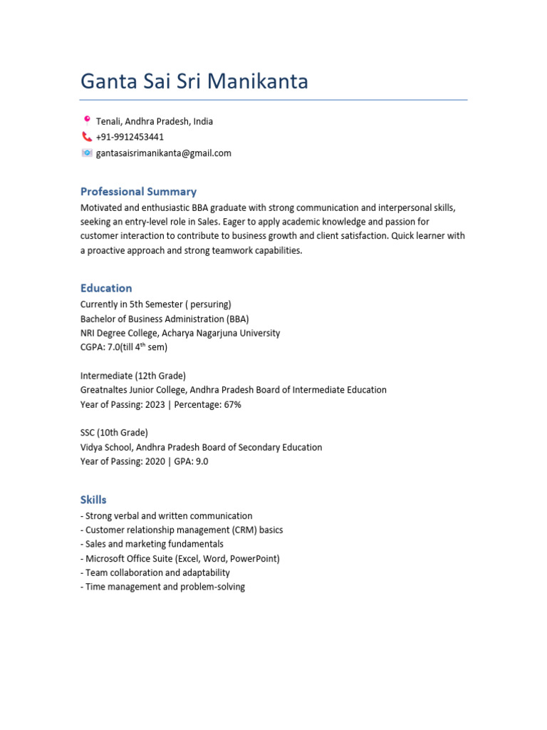 Ganta Sai Sri Manikanta Updated Resume | PDF