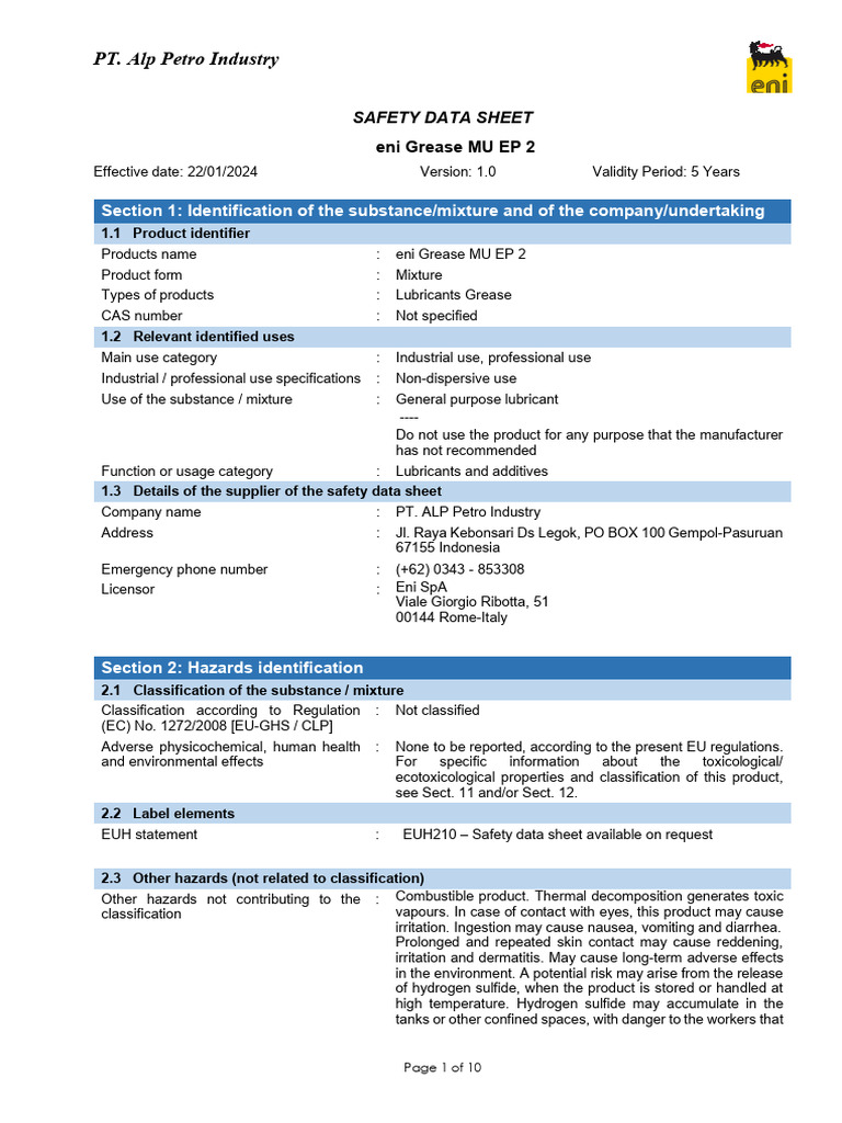 SDS - Eni Grease MU EP 2 (EN) - 2 - 250416 - 222559 | PDF | Dangerous Goods | Toxicity