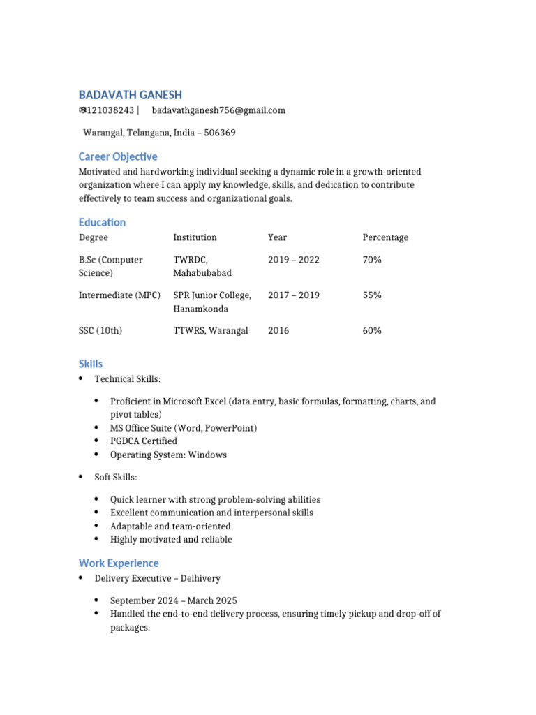 Badavath Ganesh Ats Resume Pdf