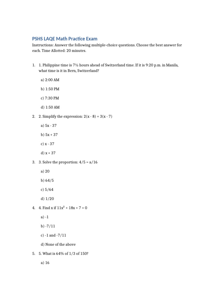 PSHS LAQE Math Practice Exam | PDF