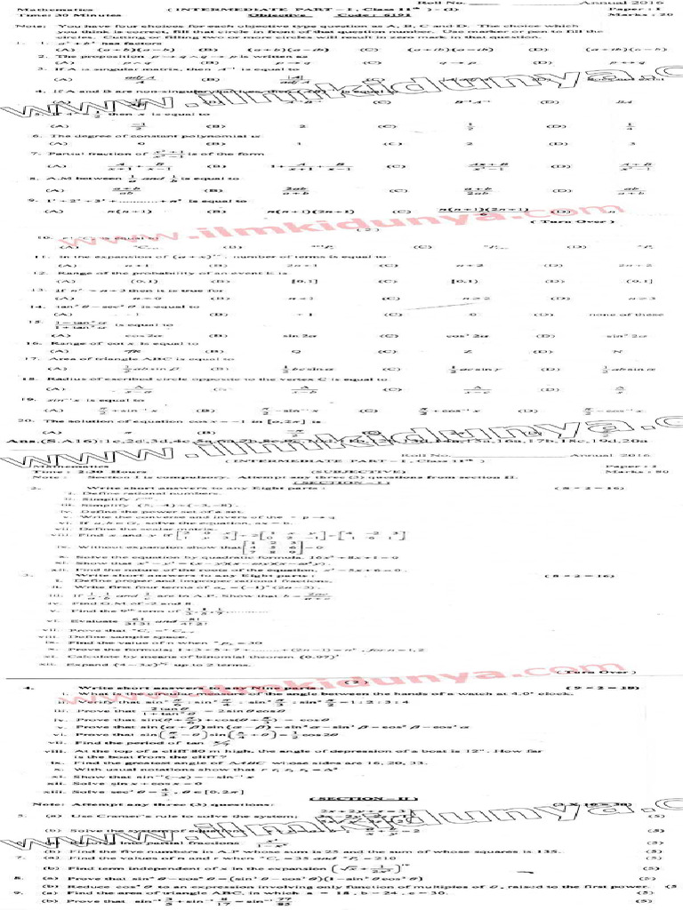 Past Papers 2016 Sahiwal Board Inter Part 1 Mathematics | PDF