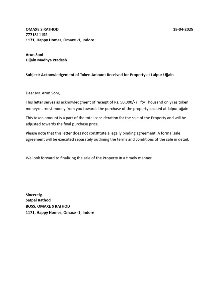 Mr. Arun Soni Token Receipt | PDF