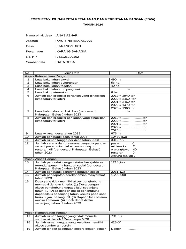 FORM_PENYUSUNAN_PETA_KETAHANAN_DAN_KERENTANAN_PANGAN_ DESA KARANGMUKTI | PDF