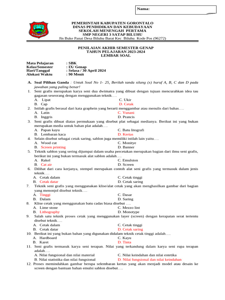 Soal Pas SBK 9 (Genap) 2024 | PDF