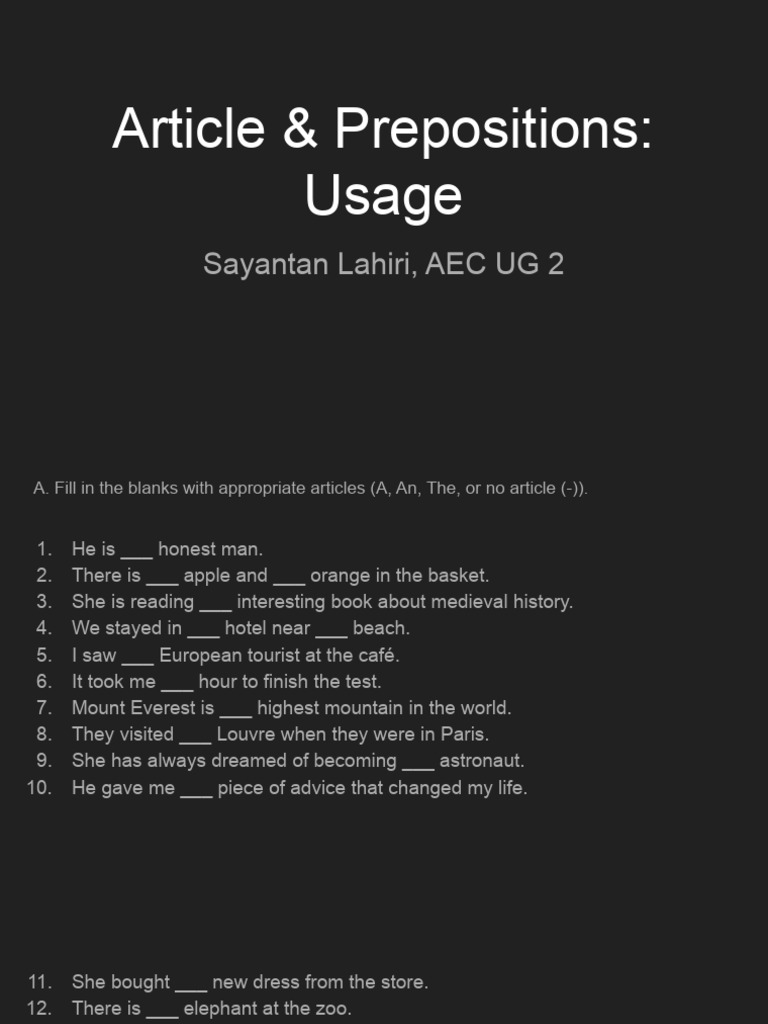 Articles and Prepositions Practice Guide | PDF