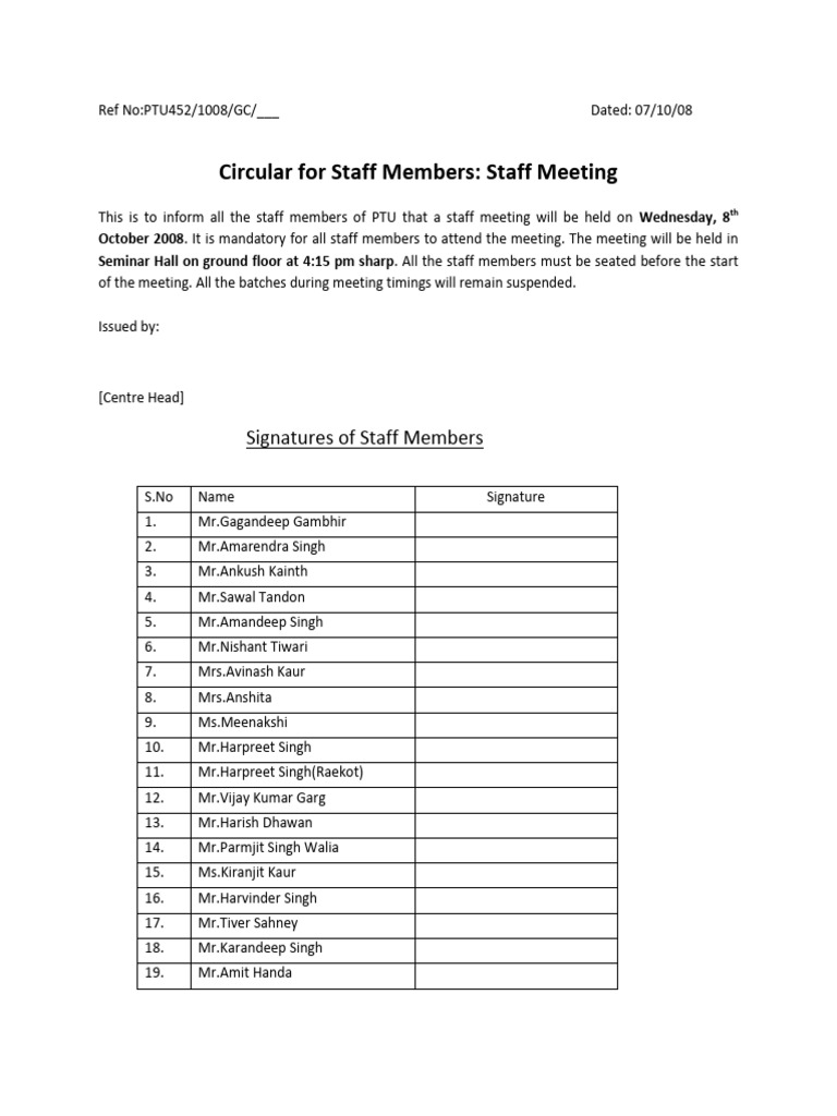 Staff Meeting Notice - October 8, 2008 | PDF