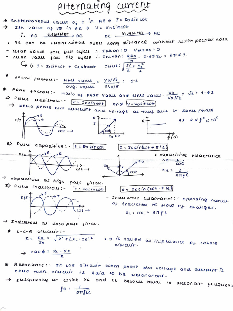 Alternating Current Formula Short Notes | PDF