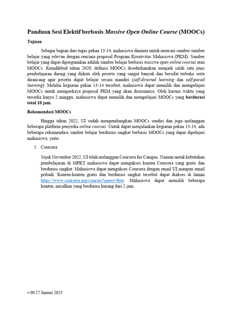 Panduan MOOCs untuk Mahasiswa UI | PDF