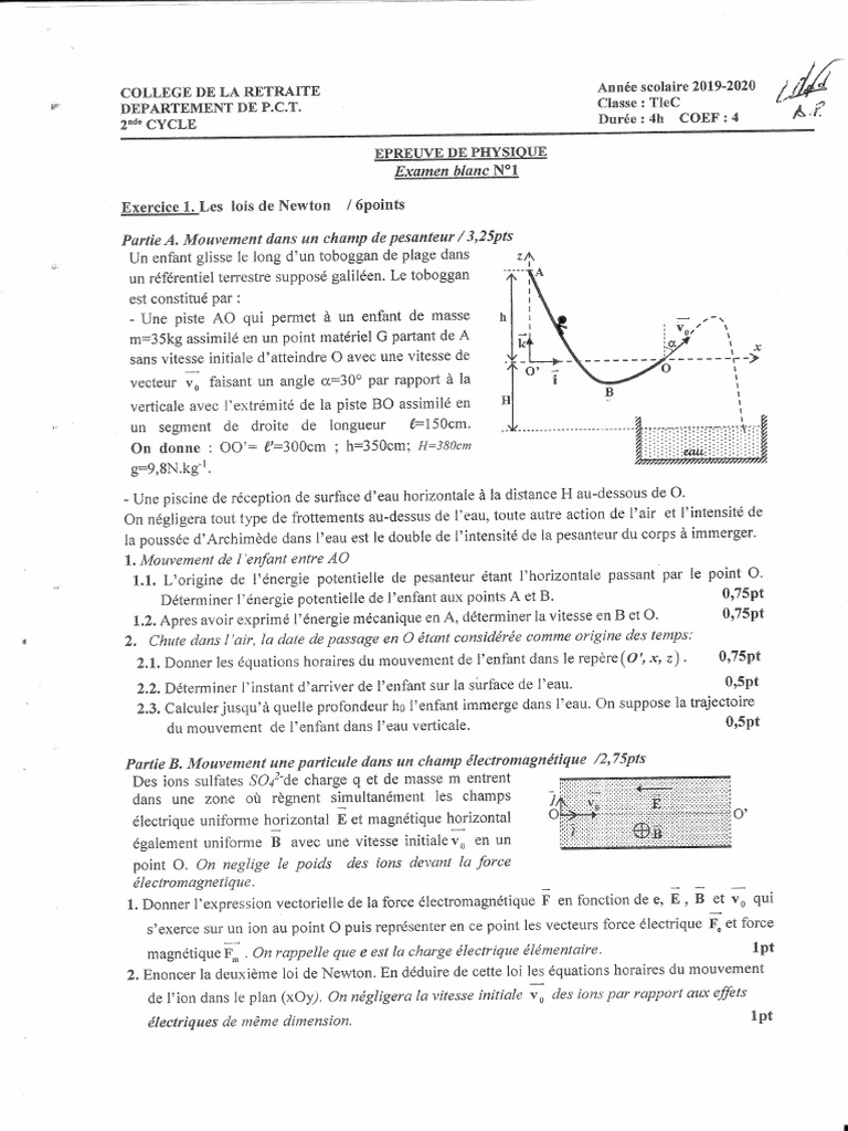 Physique TleC Bacc.blanc Col.la.Retraite 2019 | PDF