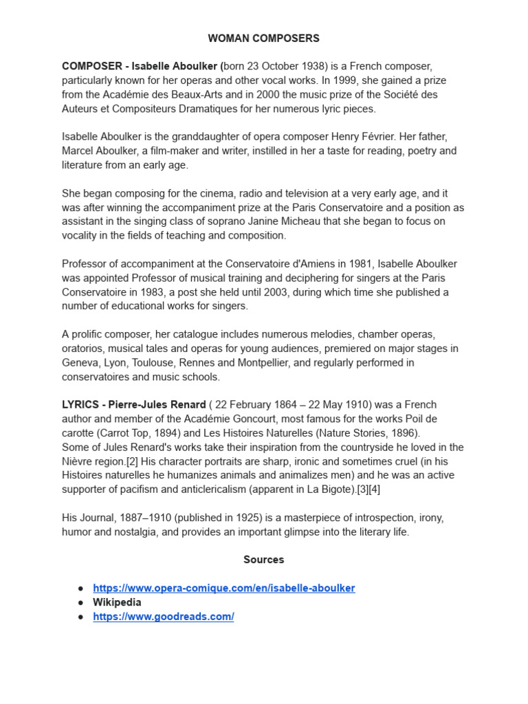 Woman Composers - Isabelle Ablulker and Jules Renard - Information | PDF