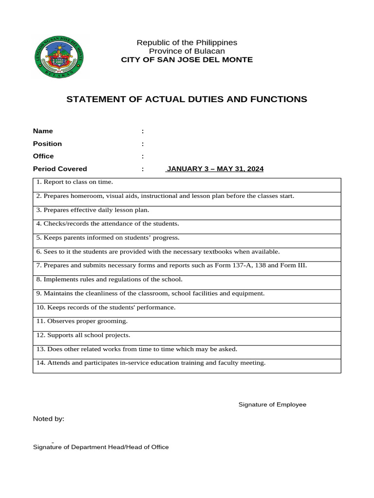 Summary of Duties and Functions | PDF
