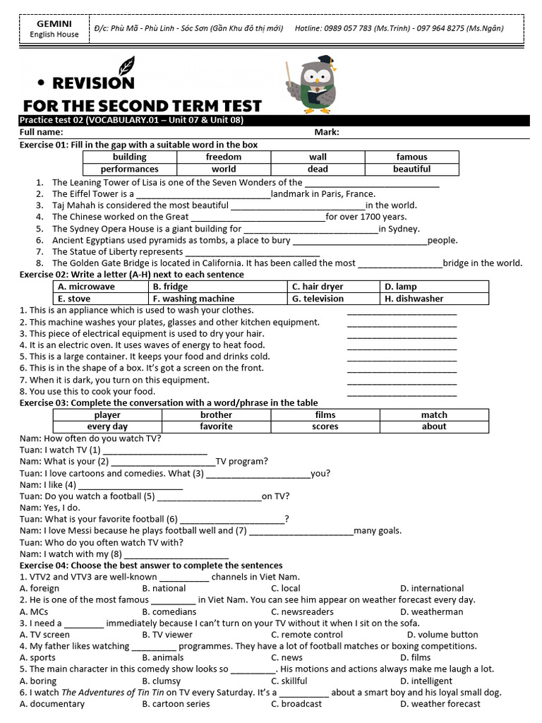 (Key) 1. Revision For The 2nd Term Test (Test 02-Vocabulary.P1) | PDF