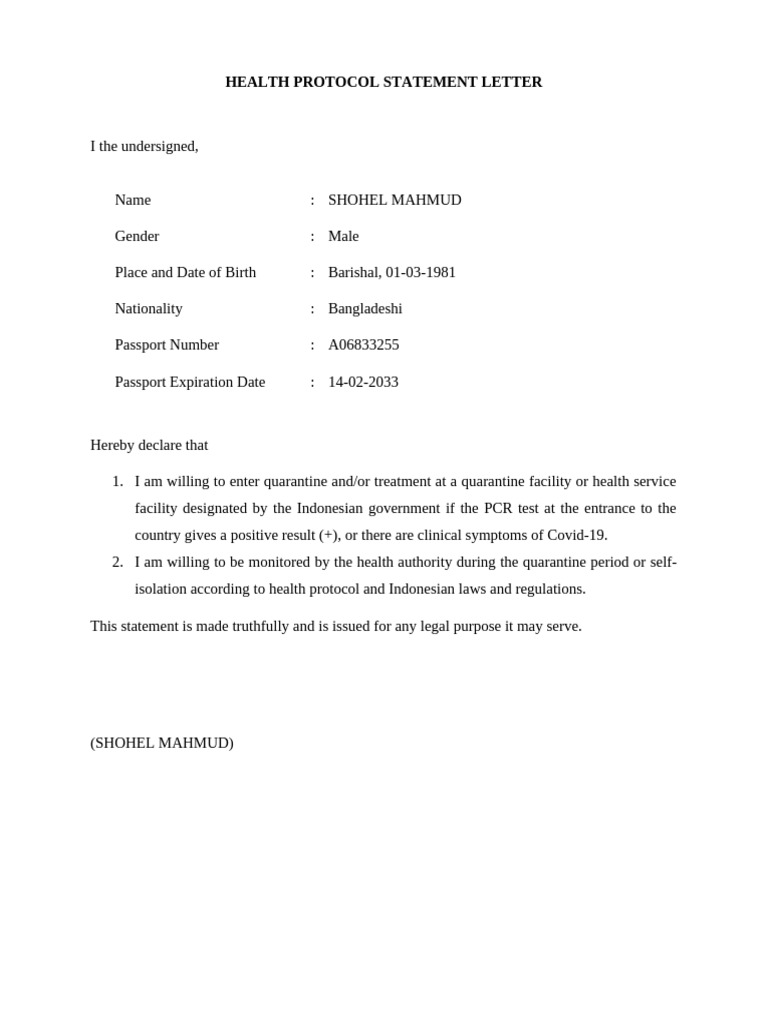 Health Protocol Statement for Quarantine | PDF