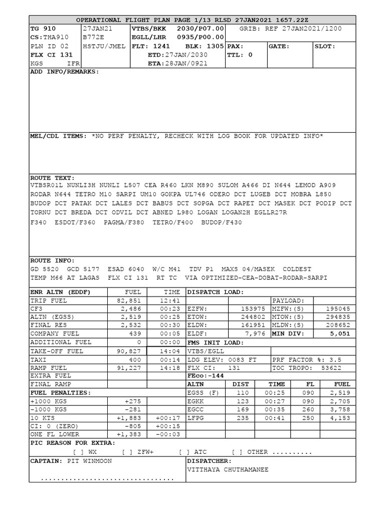 TG 910 Flight Plan: VTBS to EGLL | PDF | Aeronautics | Aviation Safety