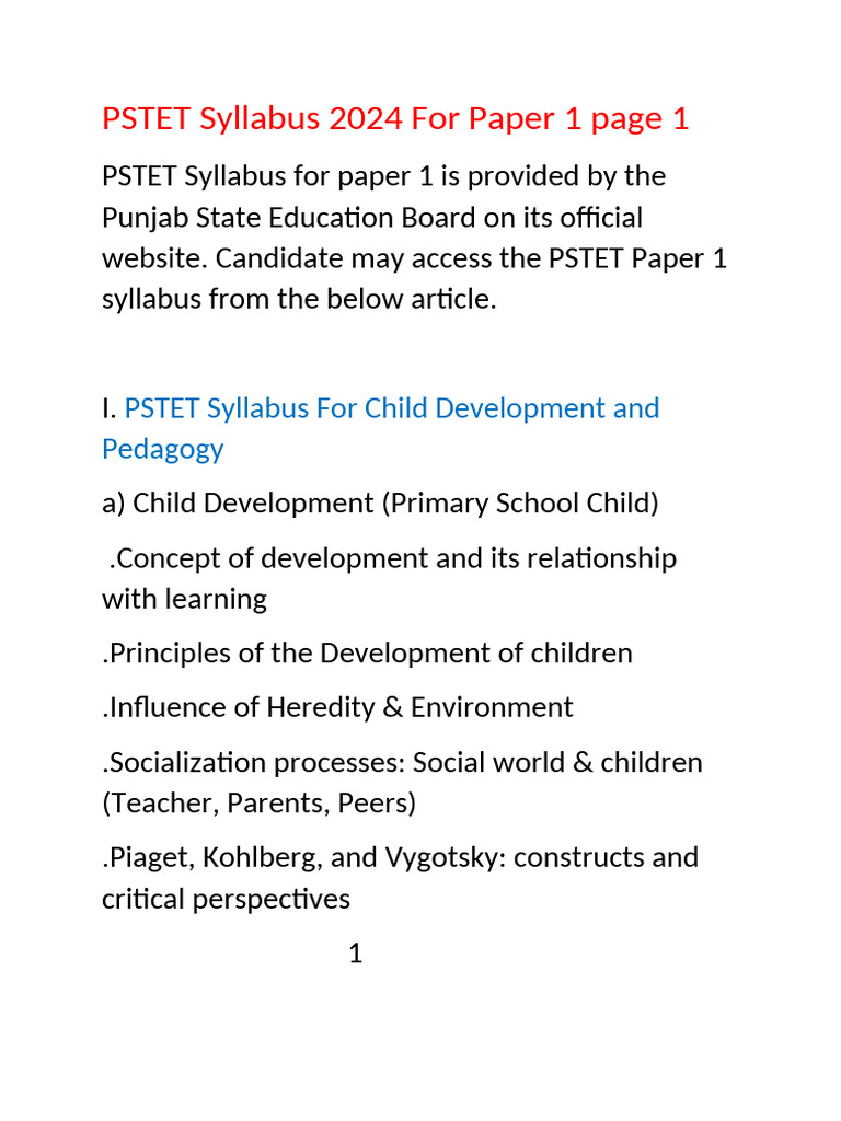 PSTET 2024 Paper 1 Syllabus Overview | PDF | Reading Comprehension ...